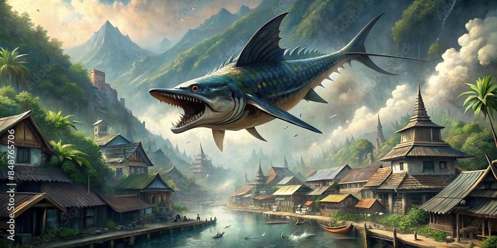 Swordfish kaiju attacking a Malayan village in the 1800s, kaiju ...