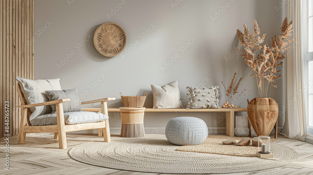 Relaxing interior design composition in warm beige colors with zen ...