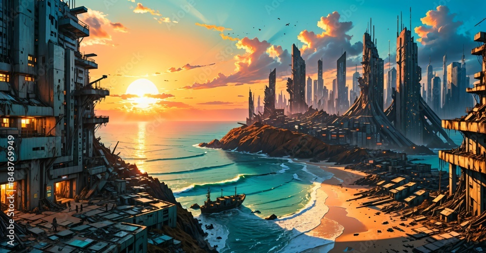 dystopian sci fi city ocean sunset. cyberpunk science fiction buildings ...