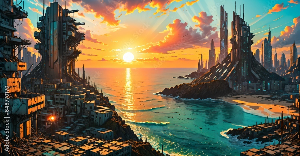 dystopian sci fi city ocean sunset. cyberpunk science fiction buildings ...