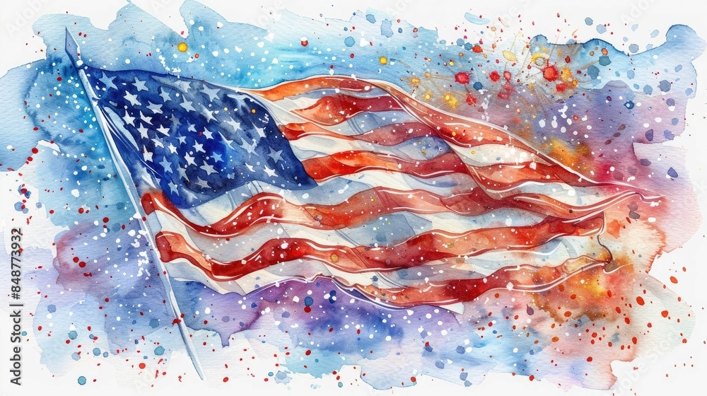 Festive watercolor of an American flag waving against a vibrant ...
