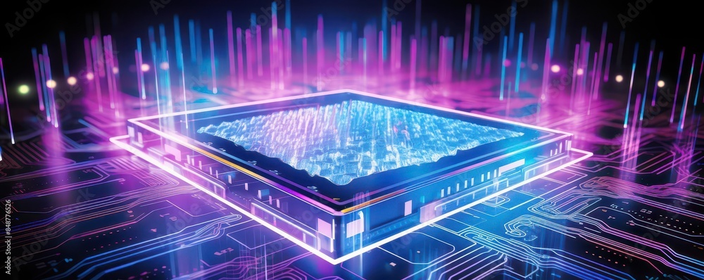 Microchip with a Light Show, An illustration of a microchip with a ...