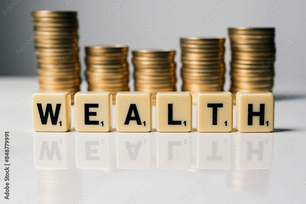 scrabble letters with the word wealth and stacks of gold coins in the ...