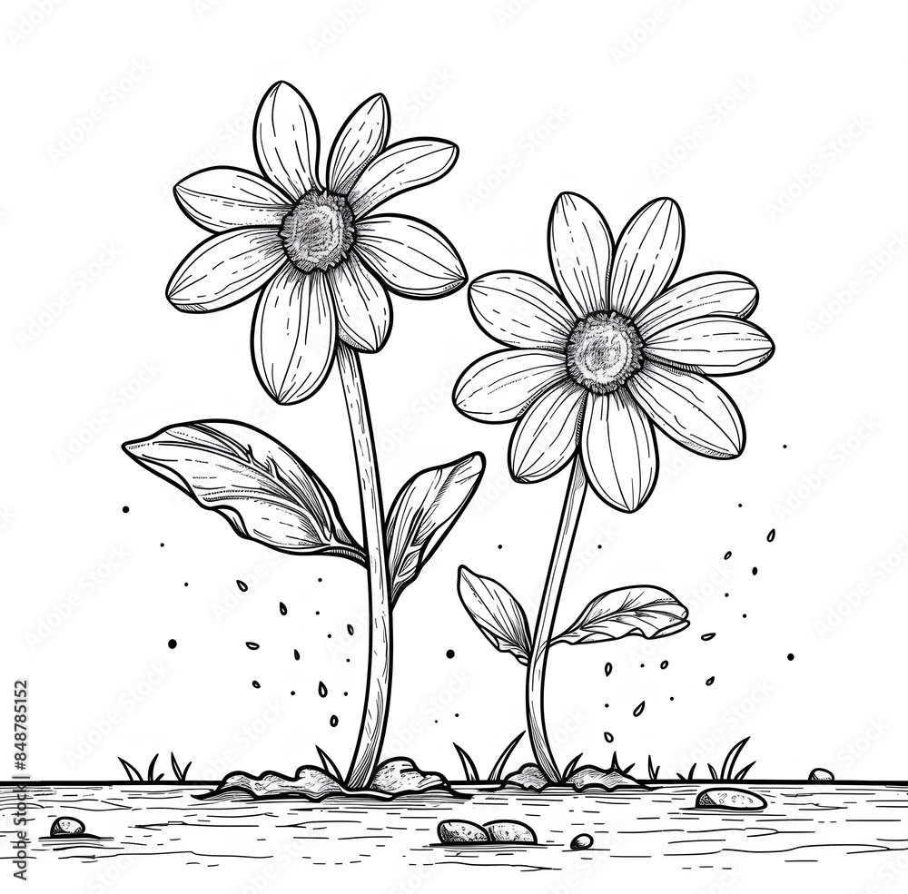 coloring page for kids, daisies plant with two flowers in the ground ...