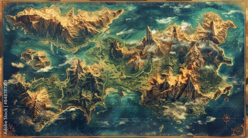 A detailed painting depicting a map of the world with magic-infused ...