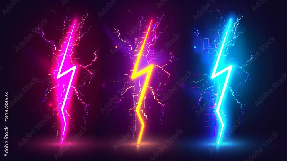 Neon lightning bolt icon. Glowing neon thunder flash sign, electrical ...