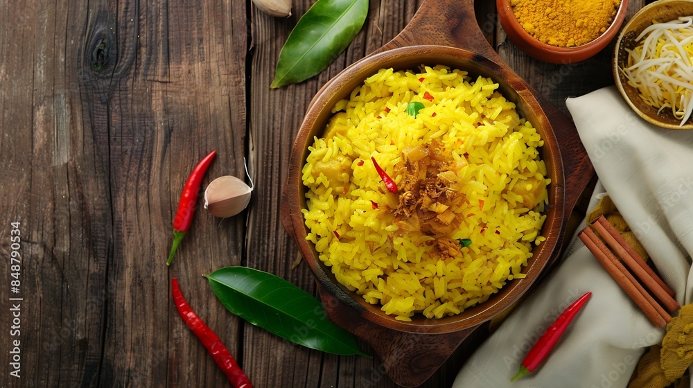 Nasi kuning Indonesian for yellow rice or sometimes called nasi kunyit ...