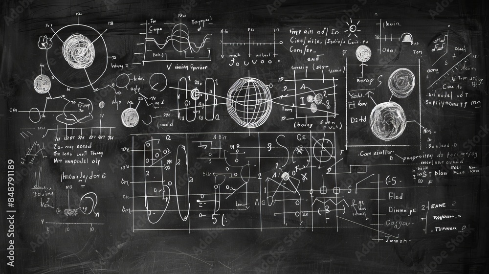 Quantum physics operations and formulas written with chalk on a ...