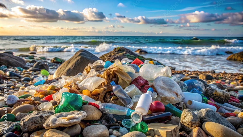 Coastal scene with a beach littered with garbage and plastic waste ...