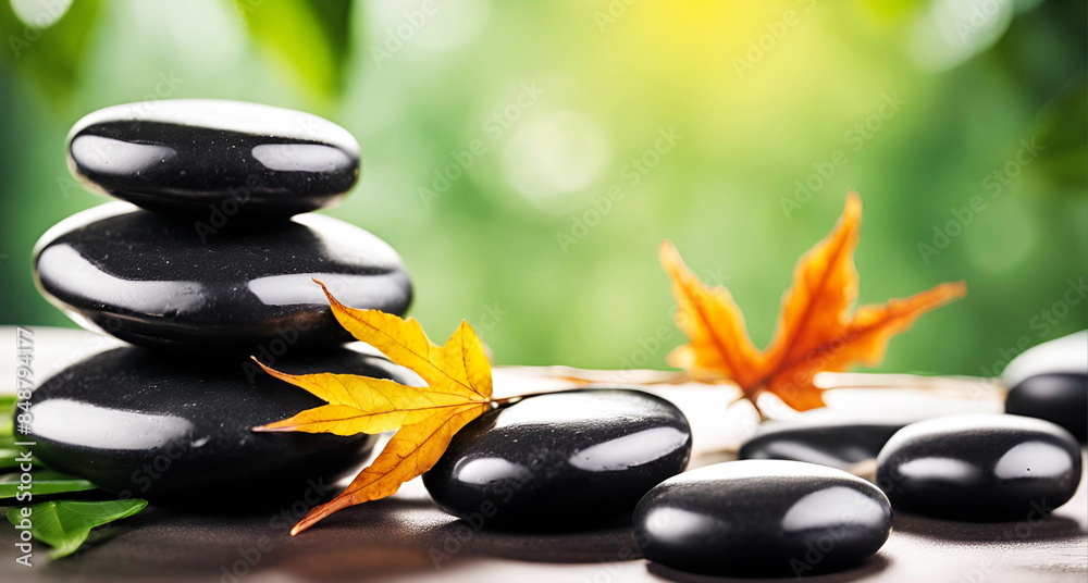 Black spa setting, hot stones and beautiful leaves. Spa and wellness ...