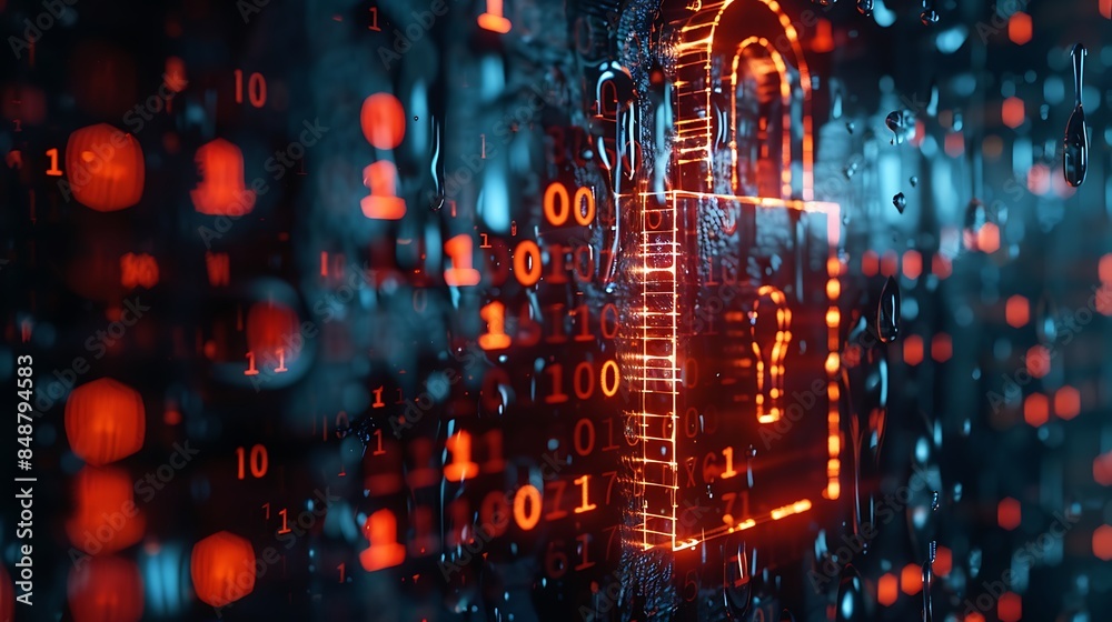 Binary code transformed into a digital lock with encryption symbols ...