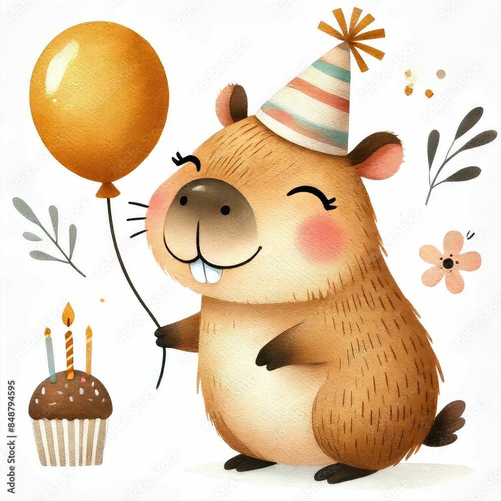 capibara and birthday element. earth tone color, watercolor ...