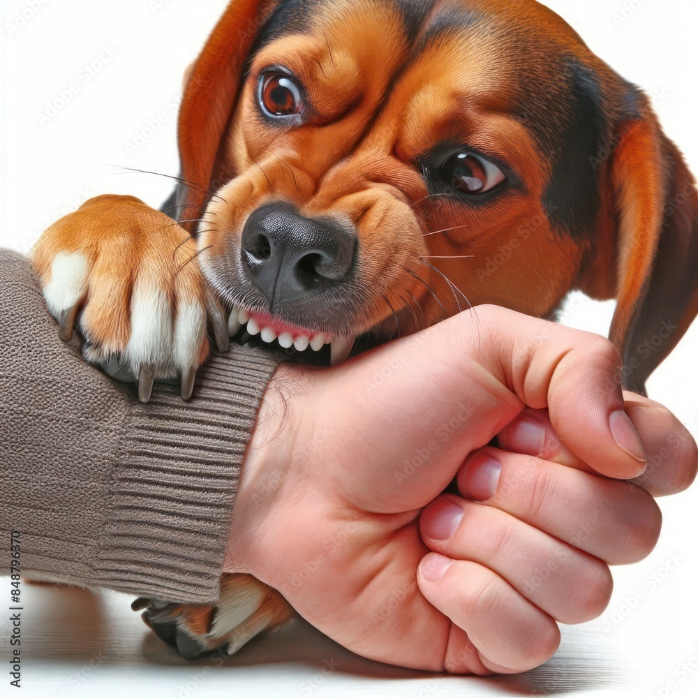 angry Dog Biting Owner Hand Isolated on white background Stock ...