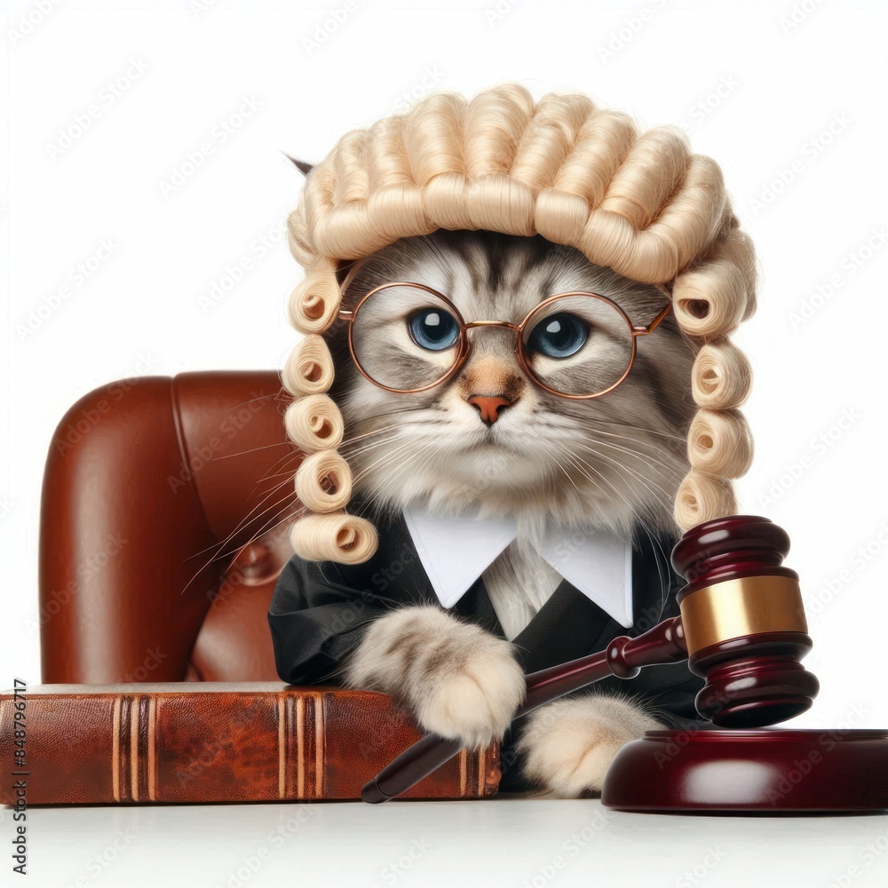 funny cat with judge wig and gavel Isolated on white background Stock ...