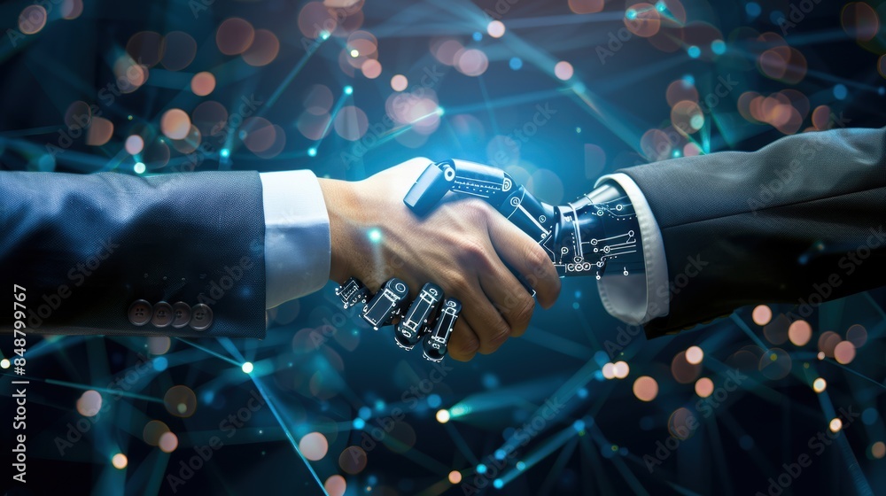 Futuristic business environment with a handshake between a robot and a ...