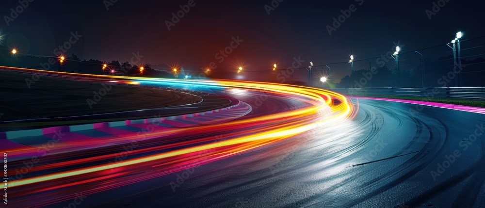 Illuminated night race track, vibrant light trails highlighting the ...