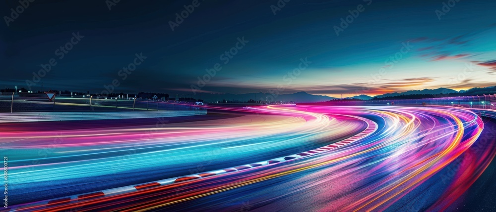 Illuminated night race track, vibrant light trails highlighting the ...