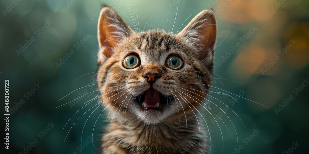 Adorable Young Tabby Cat with Expressive Green Eyes and an Open Mouth ...