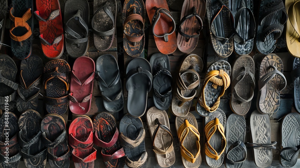 Traditional sandals crafted from car tire rubber, displayed at a high ...
