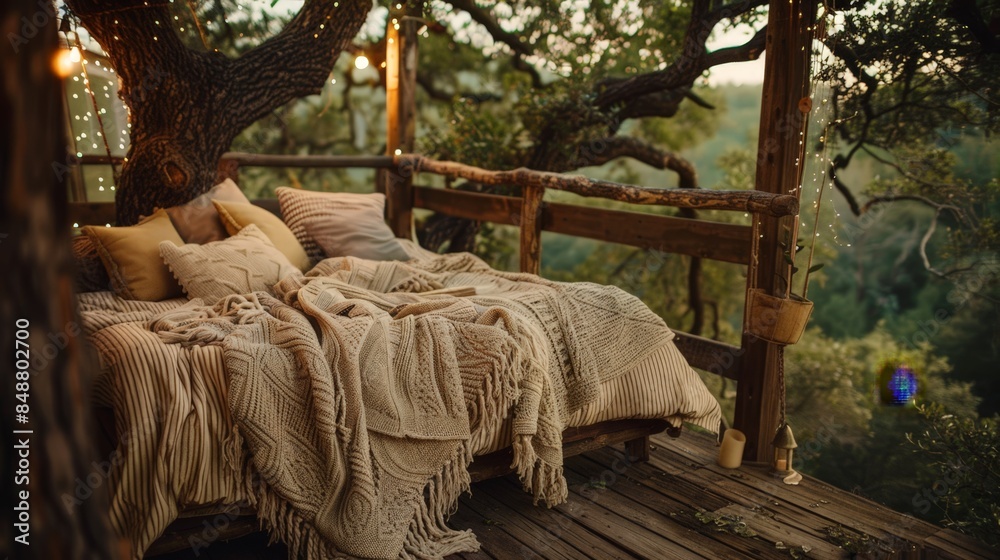 treehouse platform transformed into a cozy outdoor bedroom with ...