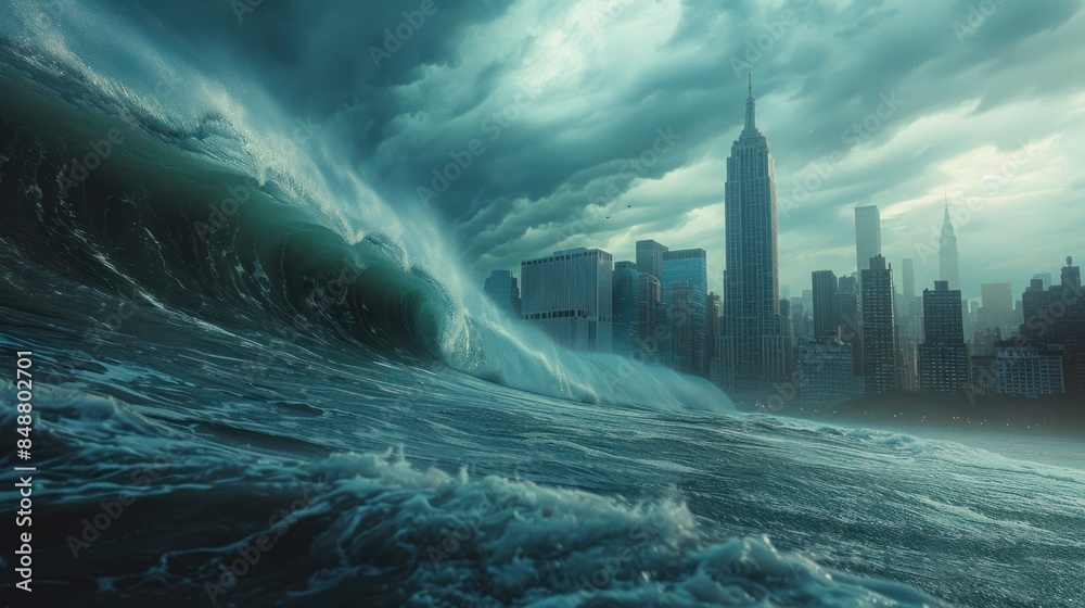 Tsunami Wave Approaching City Skyline. Disaster Concept. Large tsunami ...