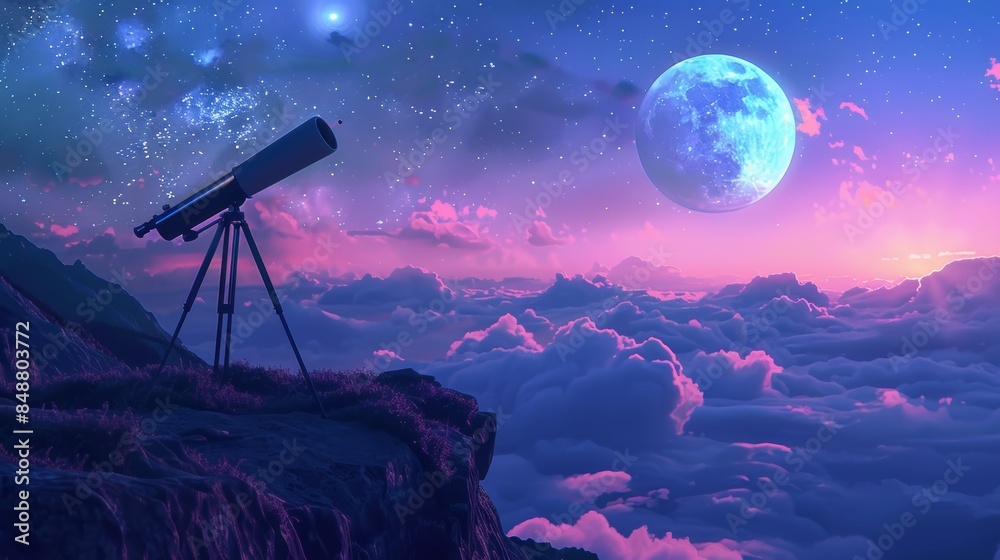 Stargazing Adventure: Telescope on Mountain Tripod, Capturing the Moon ...