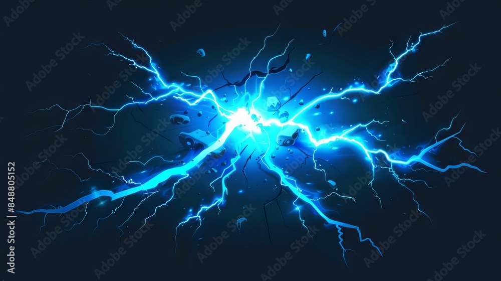 VFX effect of a lightning bolt striking the ground. Blue electric or ...