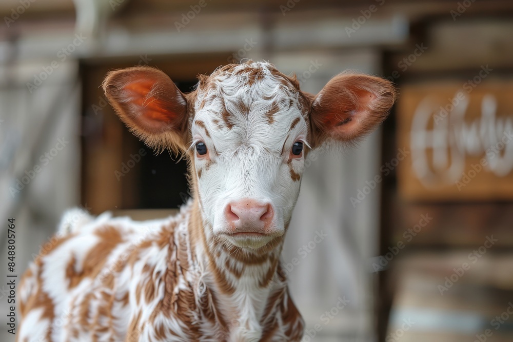 Baby Calf: A brown and white spotted calf, standing next to a barn in a ...