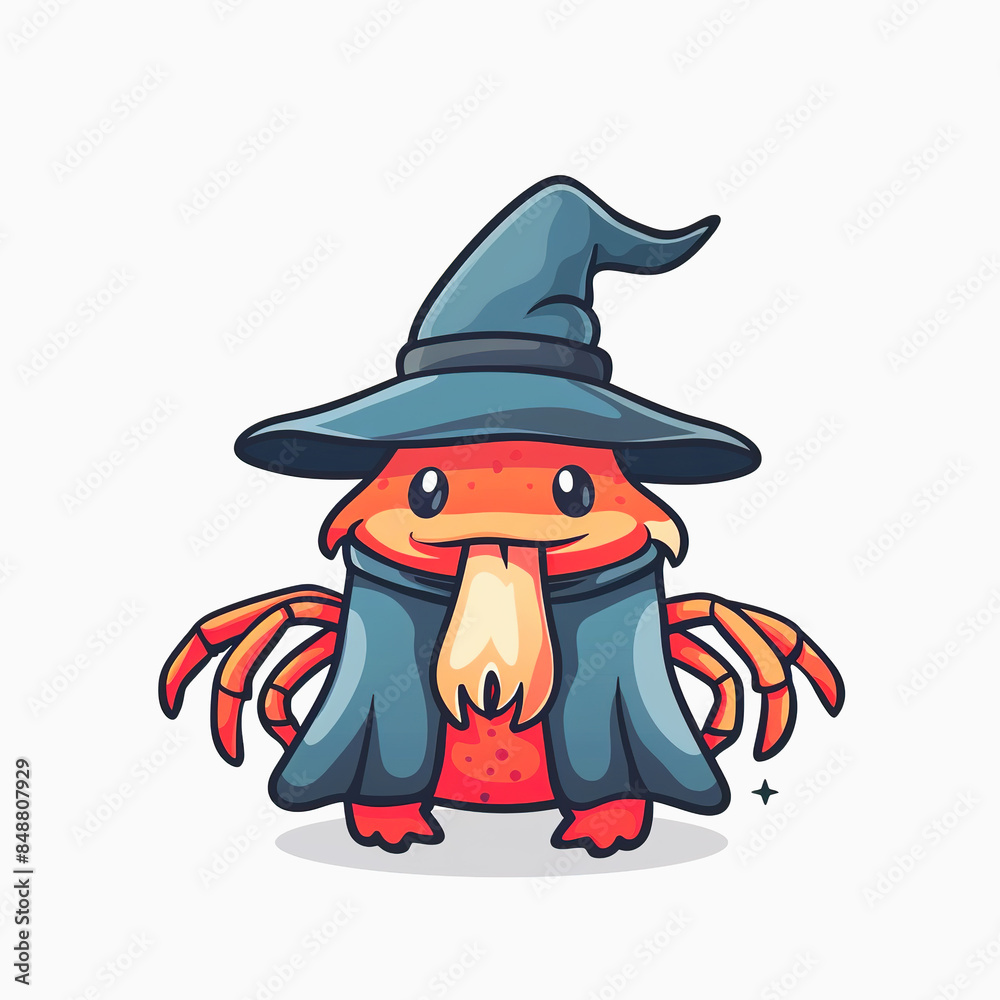 Cute Crab wizard cartoon wearing magic robe and magic hat. Chibi Crab ...