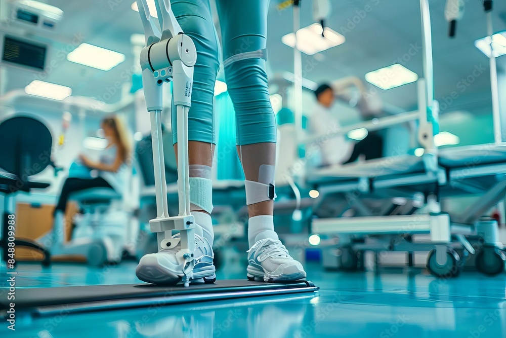 Person in rehabilitation center using a robotic exoskeleton for ...