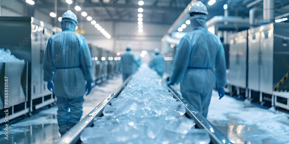 Workers overseeing ice manufacturing production line for efficiency and ...