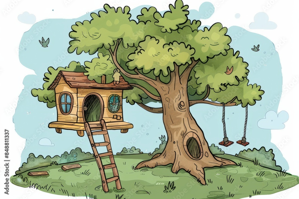 Cartoon cute doodles of a childhood treehouse with a rope ladder and ...