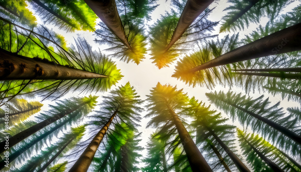 green forest of spruce trees, looking up, with sun rays shining through ...
