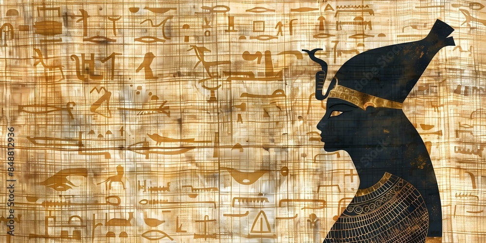 Ancient Egyptian goddess silhouette on papyrus with hieroglyphic ...