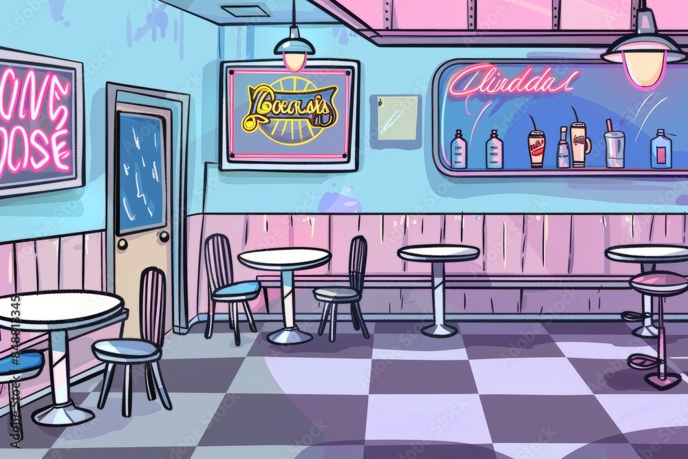 Cartoon cute doodles of a retro diner with neon signs and checkered ...