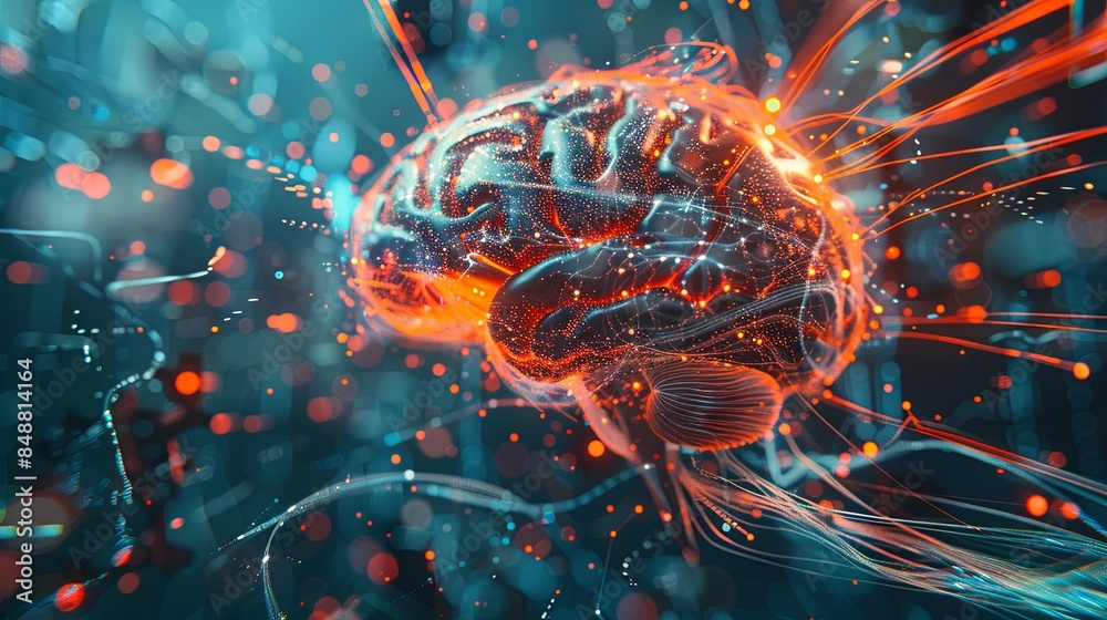 An abstract visualization of a human brain intertwined with digital elements and neural networks ...