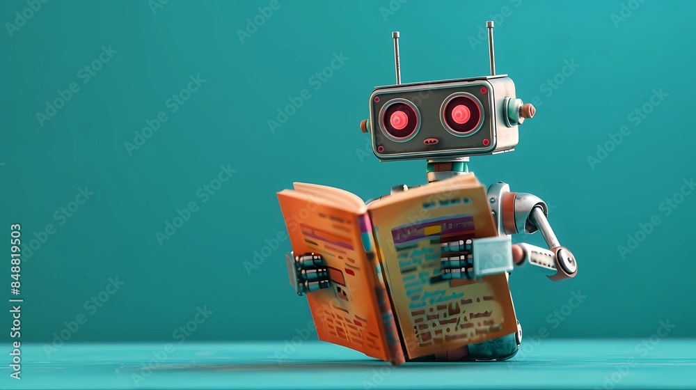 cute square robot reading a book on a turquoise background with free ...