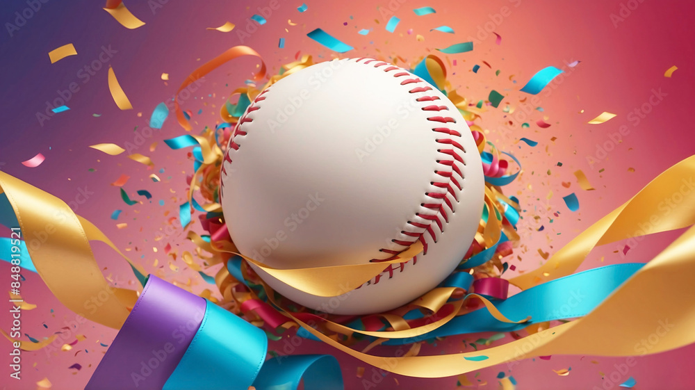 Baseball ball on pink background with gold confetti and ribbons for ...