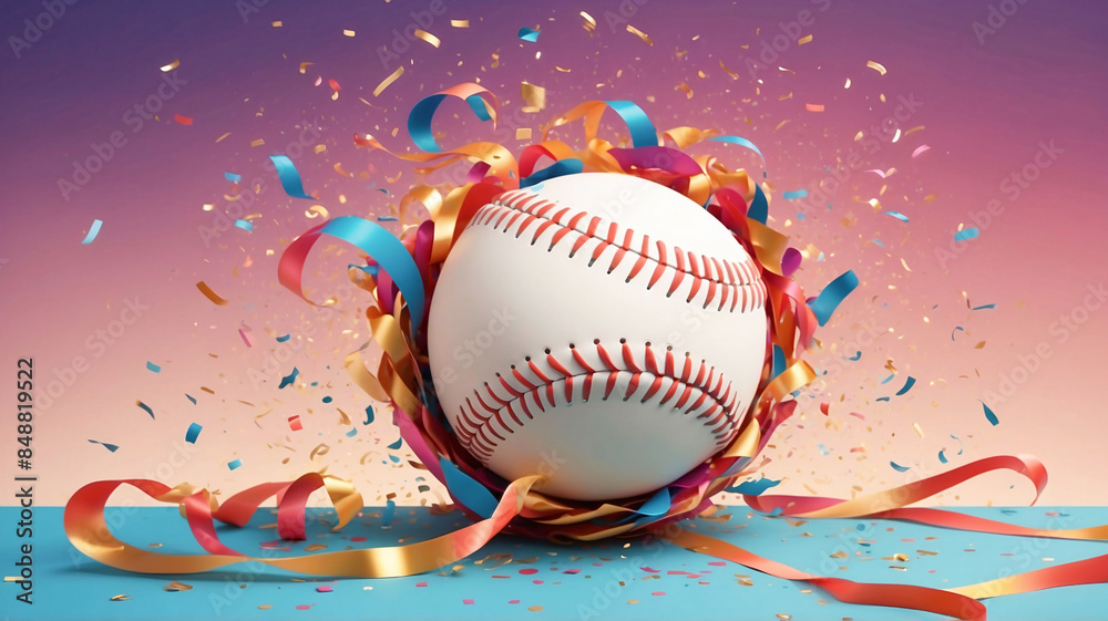 Baseball ball on pink background with gold confetti and ribbons for ...