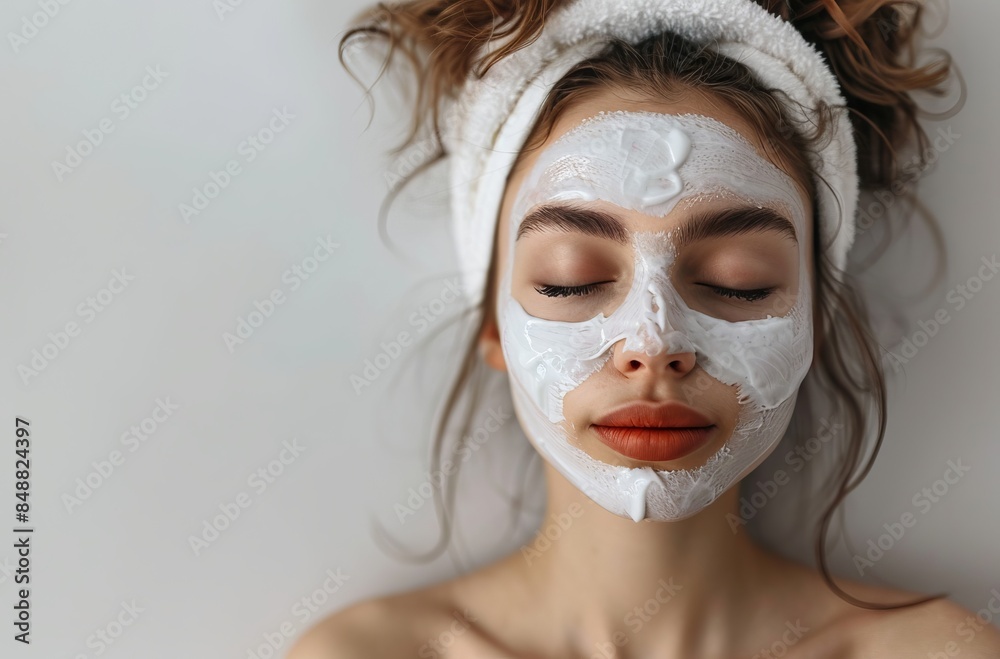 Beautiful woman enjoying of a facial mask treatment with a facial disc ...