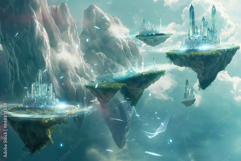 An ethereal dreamscape of floating islands and crystalline structures in a surreal 3D abstract ...