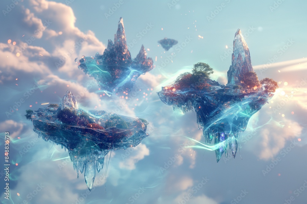 An ethereal dreamscape of floating islands and crystalline structures in a surreal 3D abstract ...