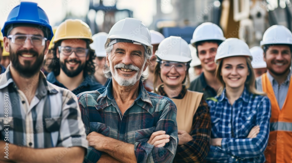 Smiling construction workers in safety gear posing together ...