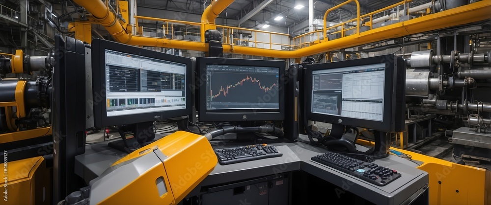 Three monitors displaying data and graphs in an industrial control room ...