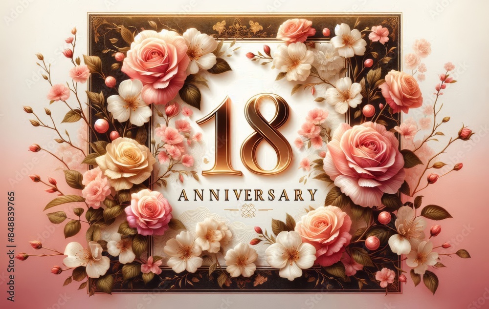 Elegant floral 18th anniversary celebration card with pink and white ...