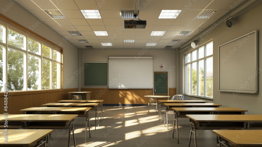 Background image of empty classroom with table, chairs and blackboard ...