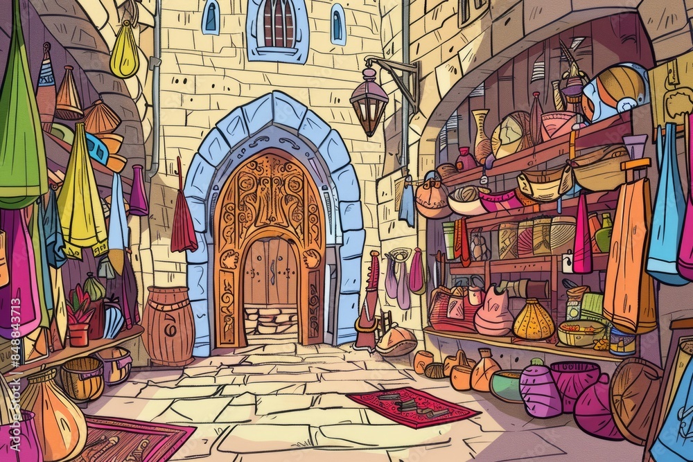 Cartoon cute doodles of a hidden door in a bustling marketplace ...
