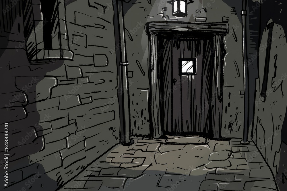 Cartoon cute doodles of a mysterious door at the end of a dark alley ...