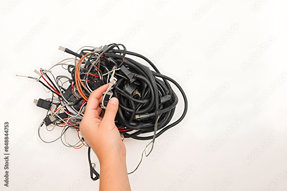 Hand held up with pile of tangled old smart technology wires, used ...