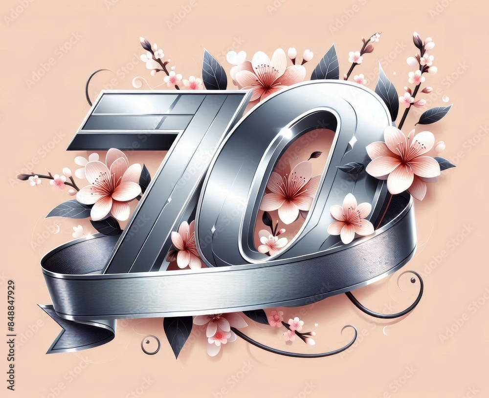 Elegant 70th anniversary with metallic number 70 adorned with cherry ...